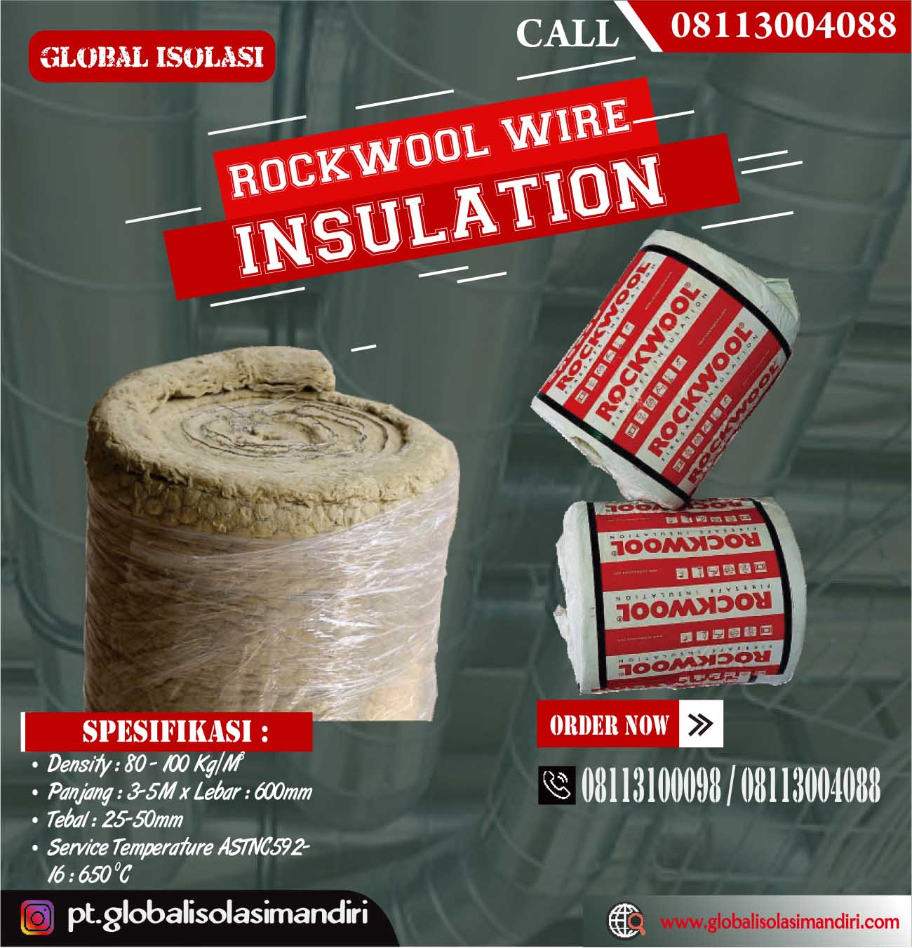 Rockwool Wire Blanket Density 100 Tebal 50mm Diskon